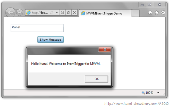 Using EventTrigger in XAML for MVVM – No Code Behind Code